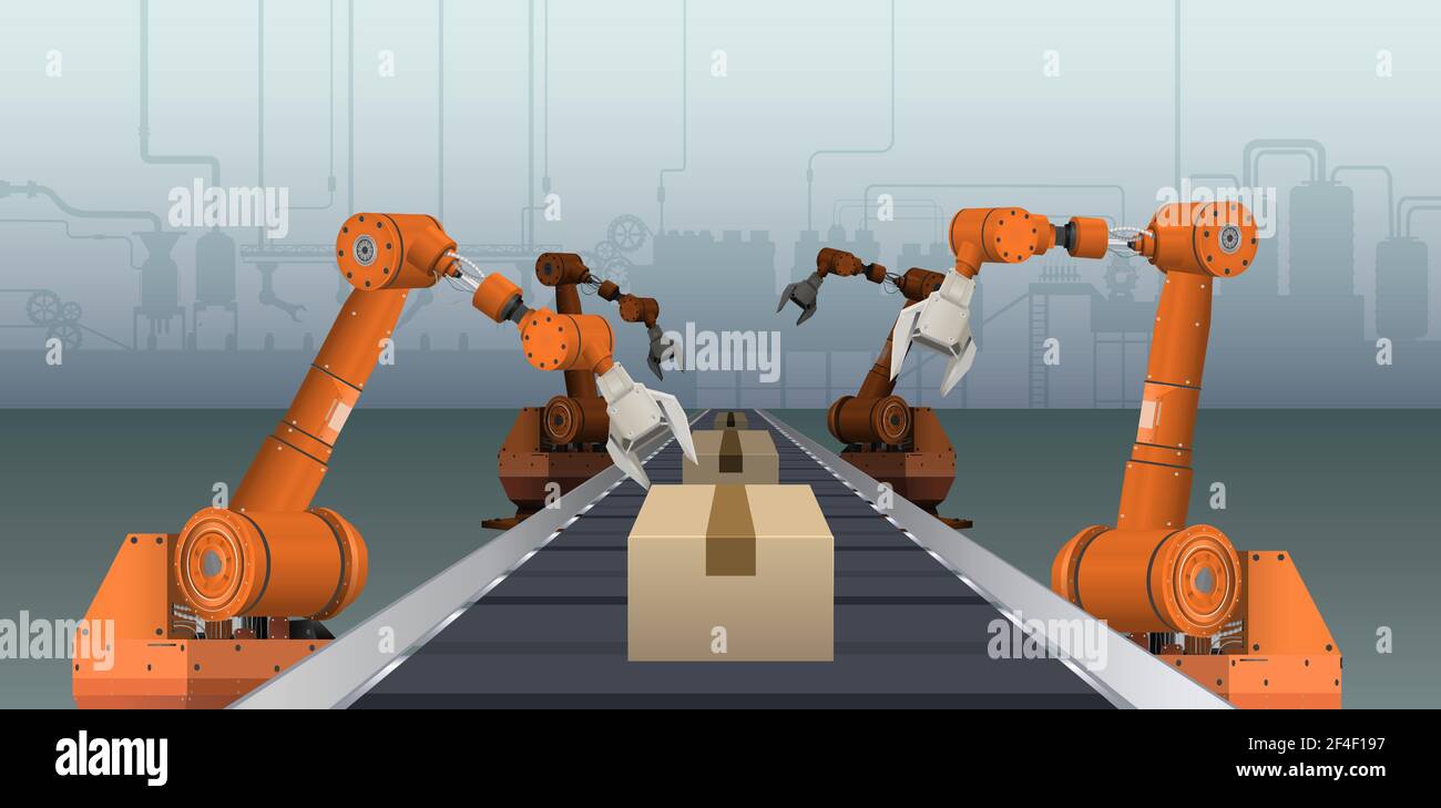 Automation factory with robot assembly line in factory vector ...