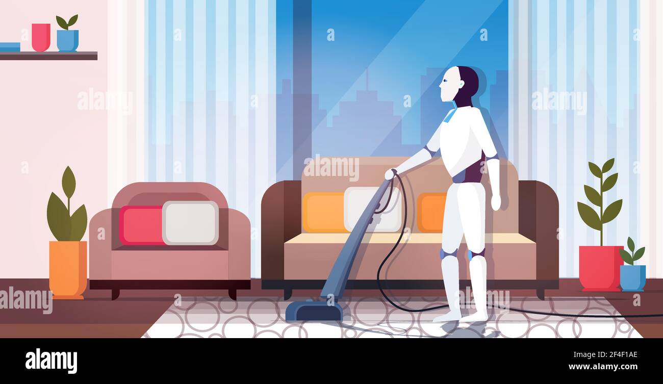 modern robot using vacuum cleaner robotic character doing housework artificial intelligence ...