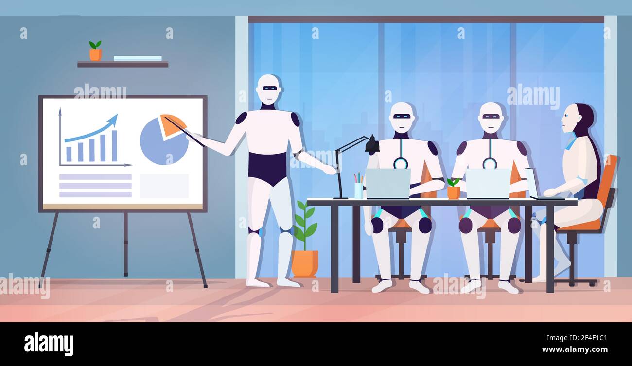 business robot presenting financial graph to robotic coworkers team at round table artificial ...