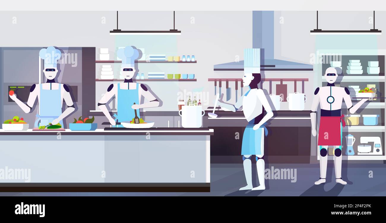 modern robots chefs cooking dishes robotic cooks preparing food ...