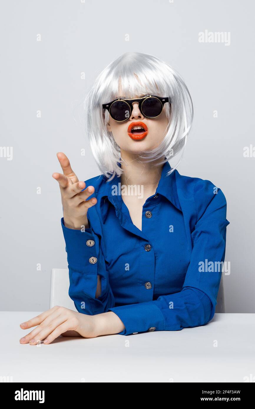 pretty woman in white wig sunglasses red lips charm emotion gesture ...