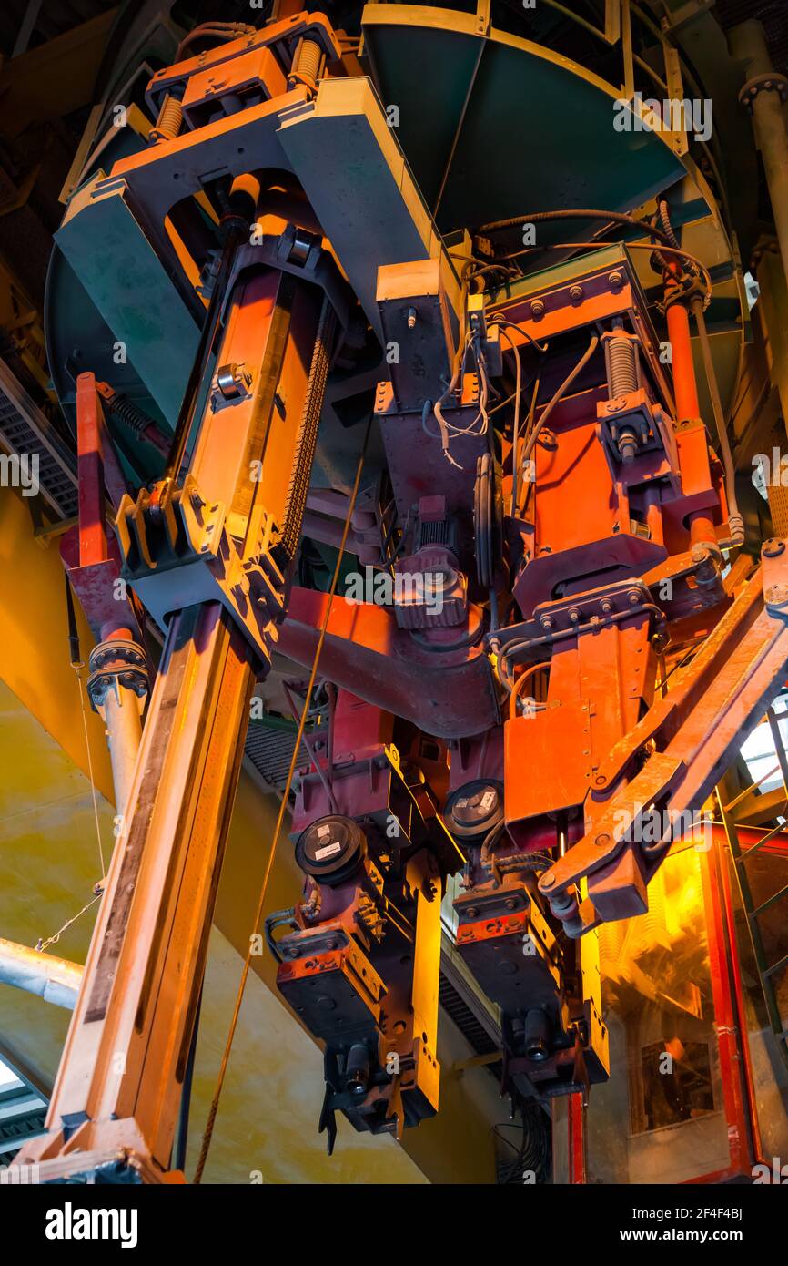 Aluminum electrolysis plant. Slag handling crane machine close-up ...