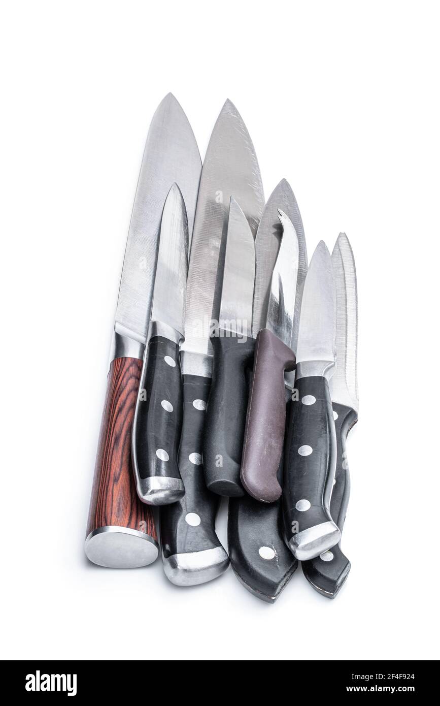Set of different used and new kitchen knives isolated on white Stock ...