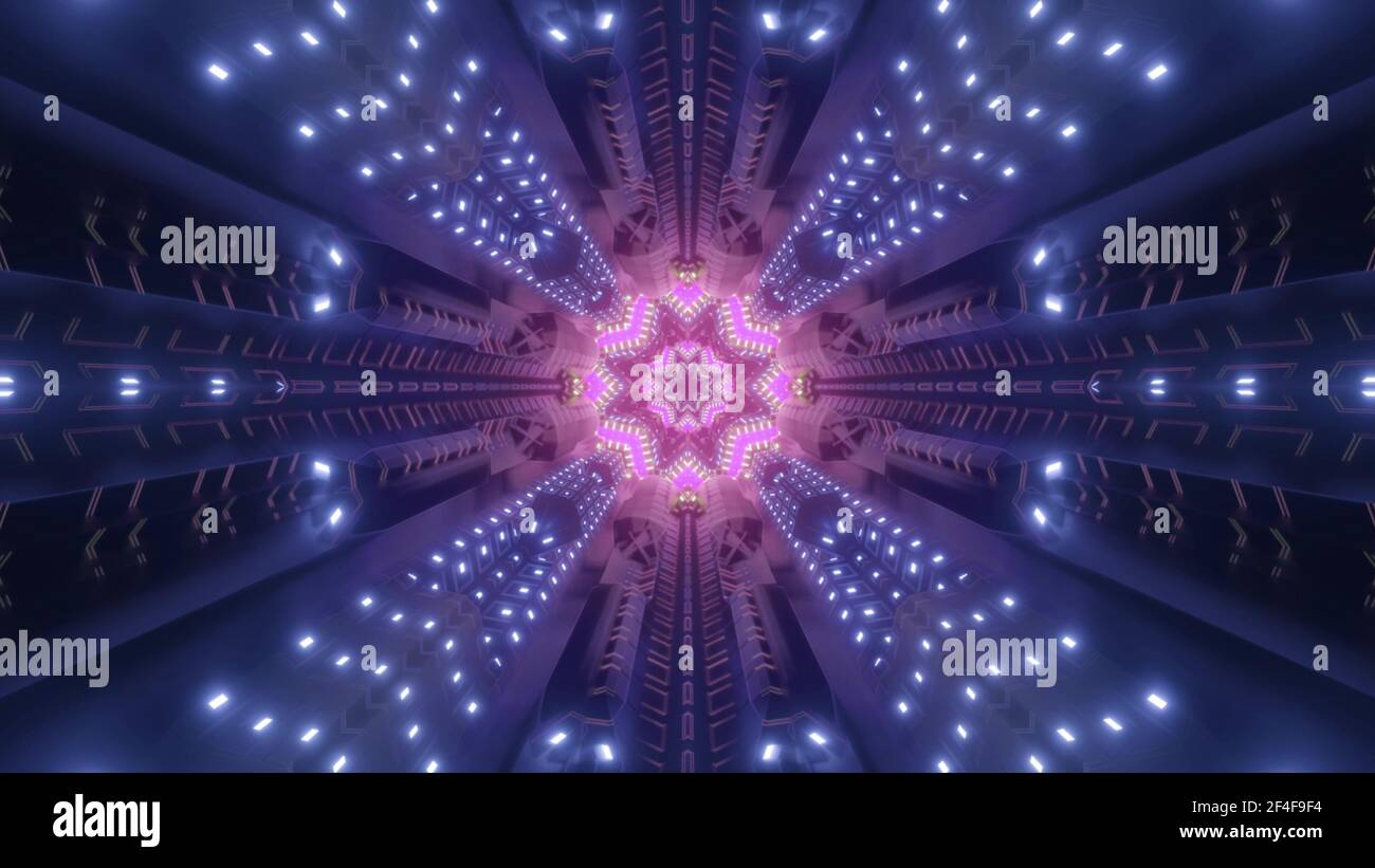 A 3D rendering of a cool futuristic hallway towards a portal with blue ...