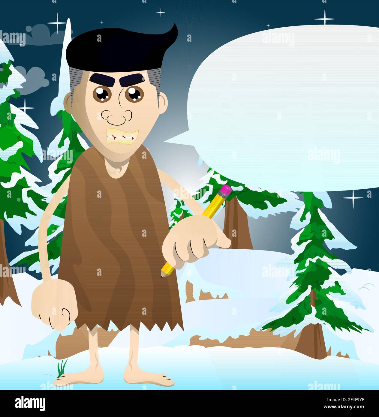 Cartoon prehistoric man writing with pencil. Vector illustration of a ...