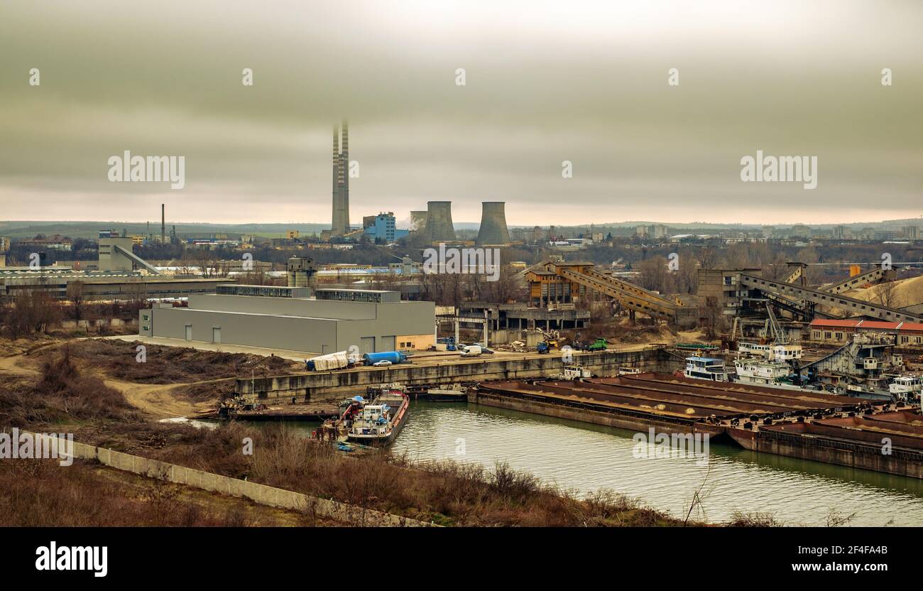 The dock yard and the Ruse city with pollution clouds. Bulgaria Stock ...