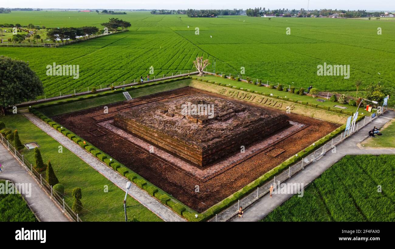 Aerial drone view of Blandongan temple at Karawang and surrounded by ...