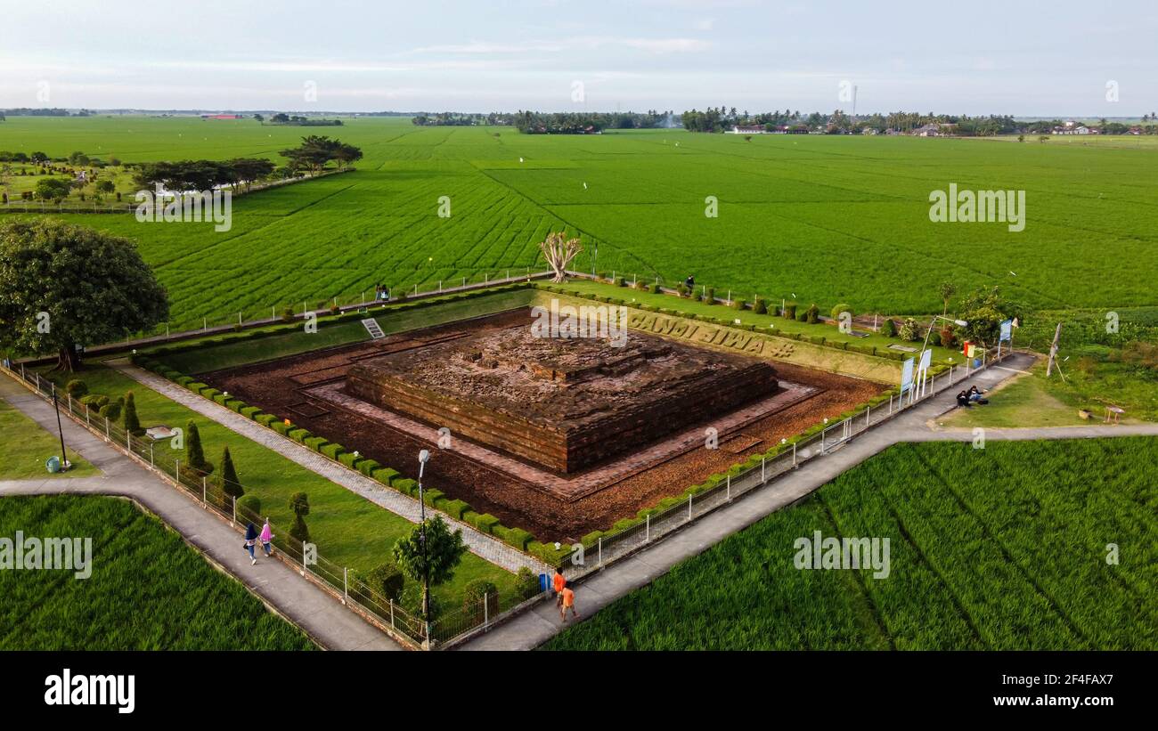 Aerial drone view of Blandongan temple at Karawang and surrounded by ...