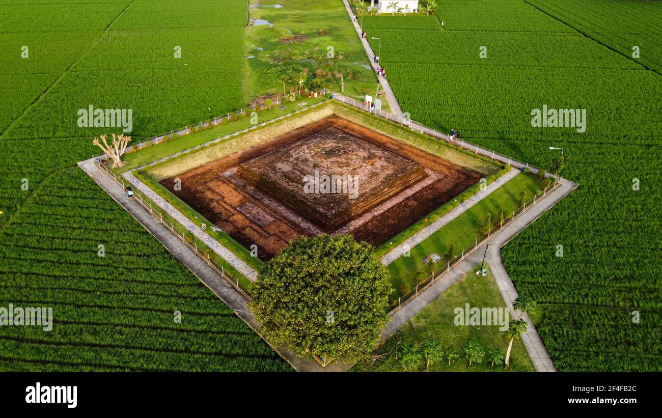 Aerial drone view of Blandongan temple at Karawang and surrounded by ...