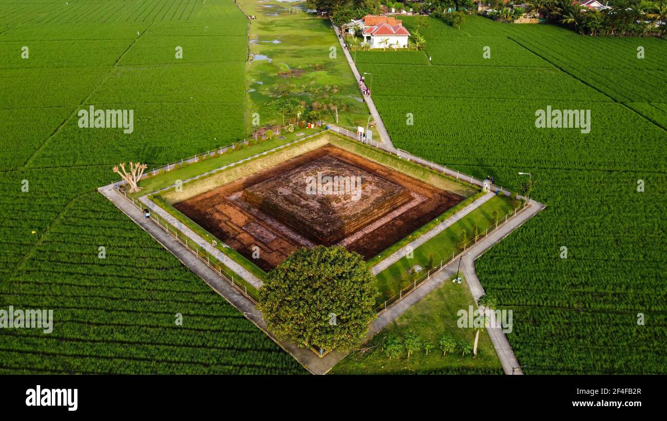 Aerial drone view of Blandongan temple at Karawang and surrounded by ...
