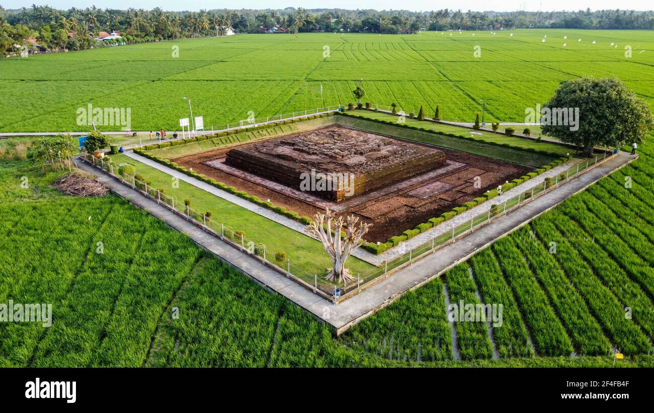 Aerial drone view of Blandongan temple at Karawang and surrounded by ...
