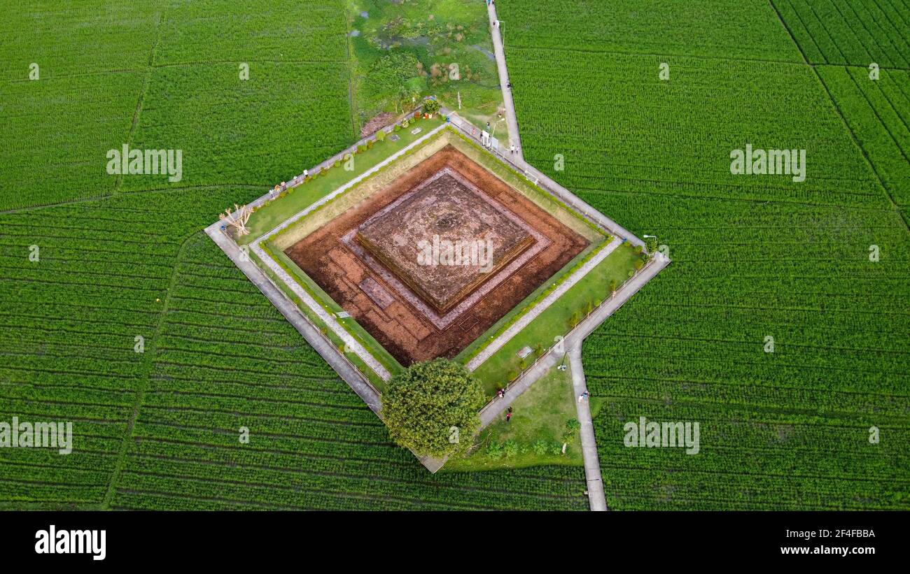 Aerial drone view of Blandongan temple at Karawang and surrounded by ...
