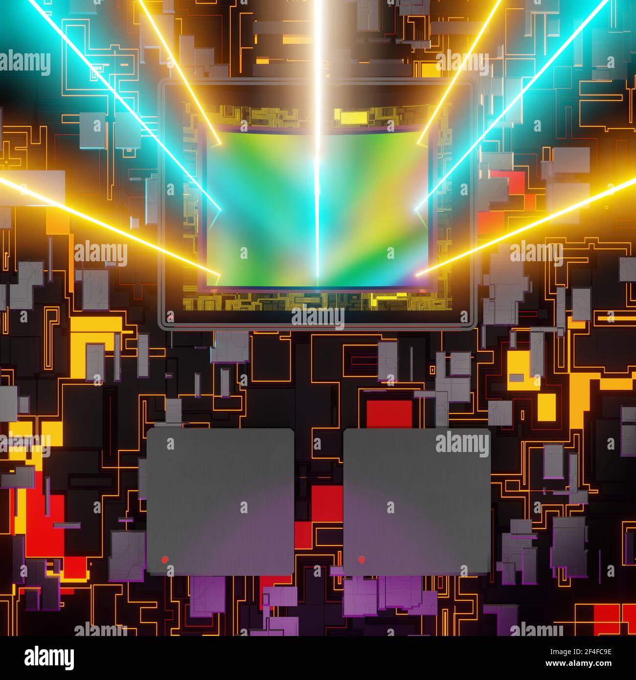 Sensor for digital camera with rays of light, 3D rendering macro on ...
