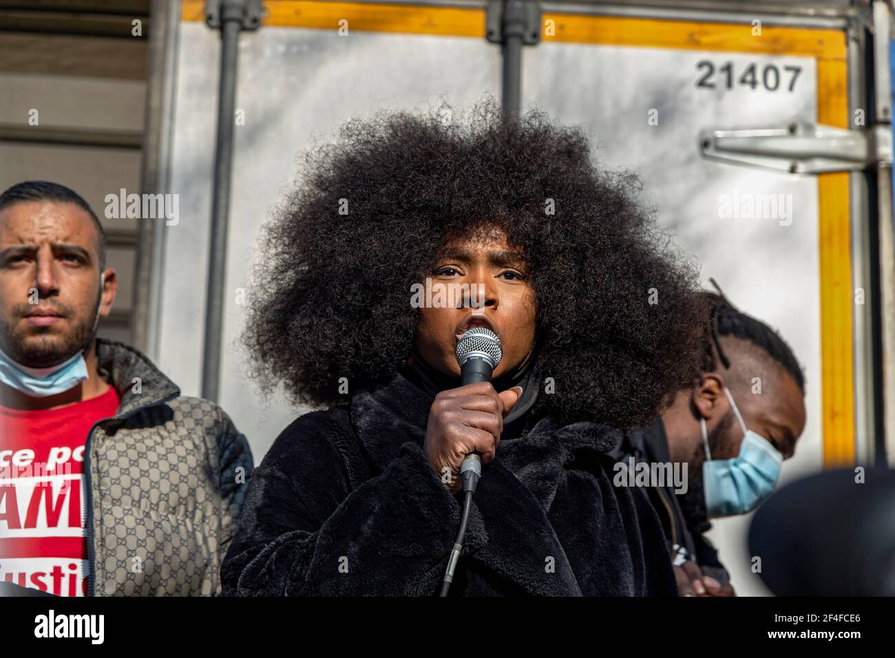 Paris, France. 20th March, 2021. Assa Traore speaks during the ...