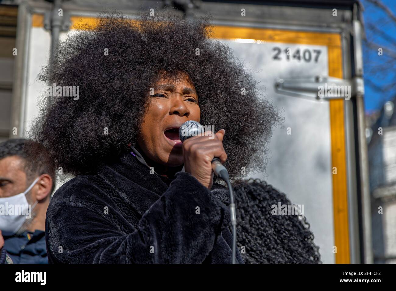 Paris, France. 20th March, 2021. Assa Traore speaks during the ...