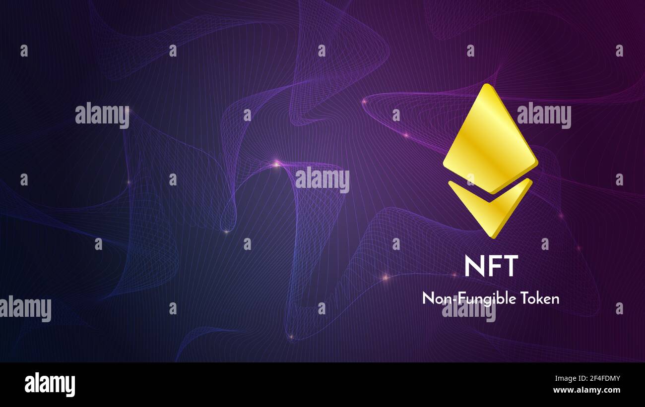 Ethereum golden sign on futuristic neon purple background, text NFT non ...