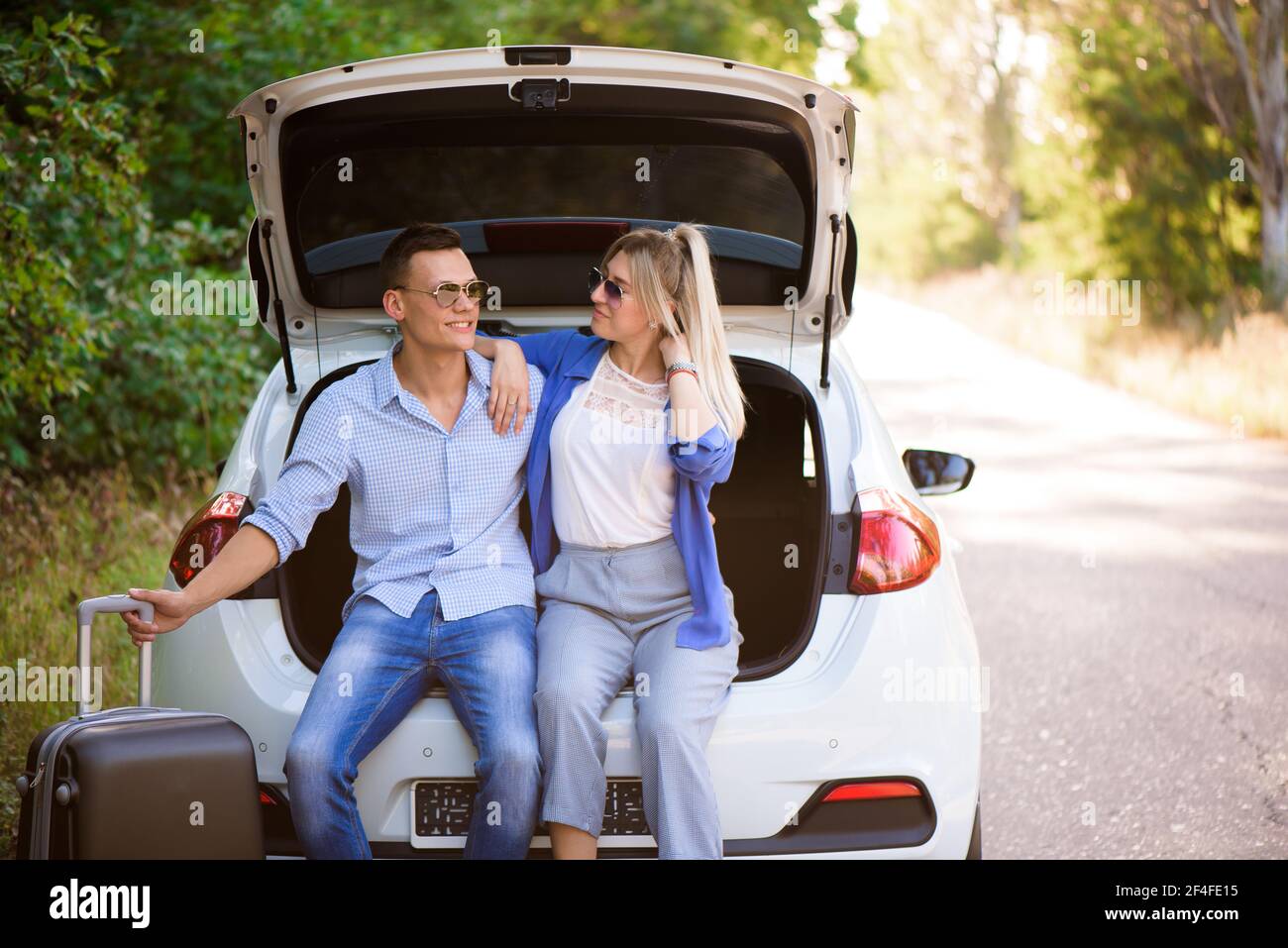 Best friends enjoying traveling in the car, having lots of fun on a ...