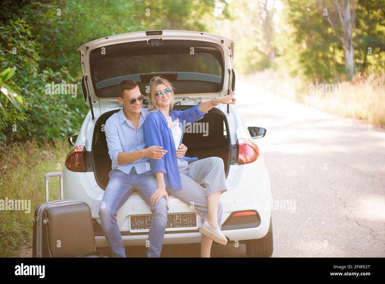 Best friends enjoying traveling in the car, having lots of fun on a ...
