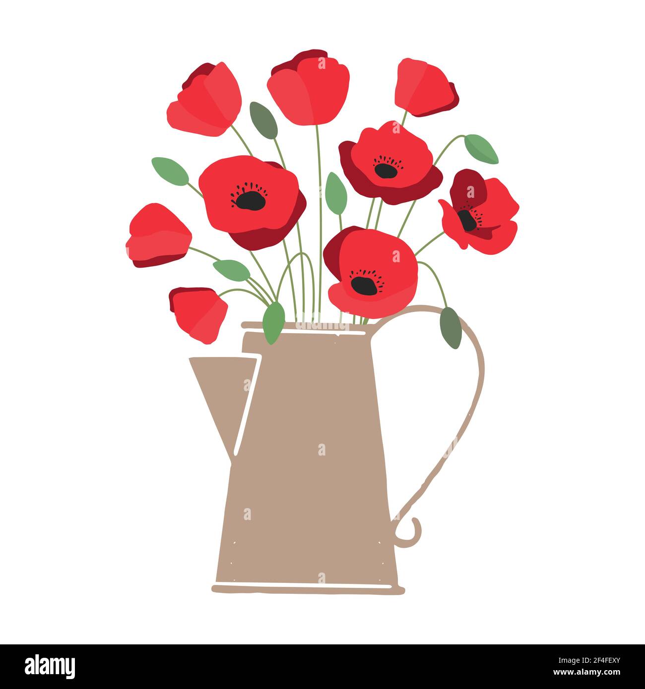 Vector illustration of bouquet of bright red poppy flowers in watering ...