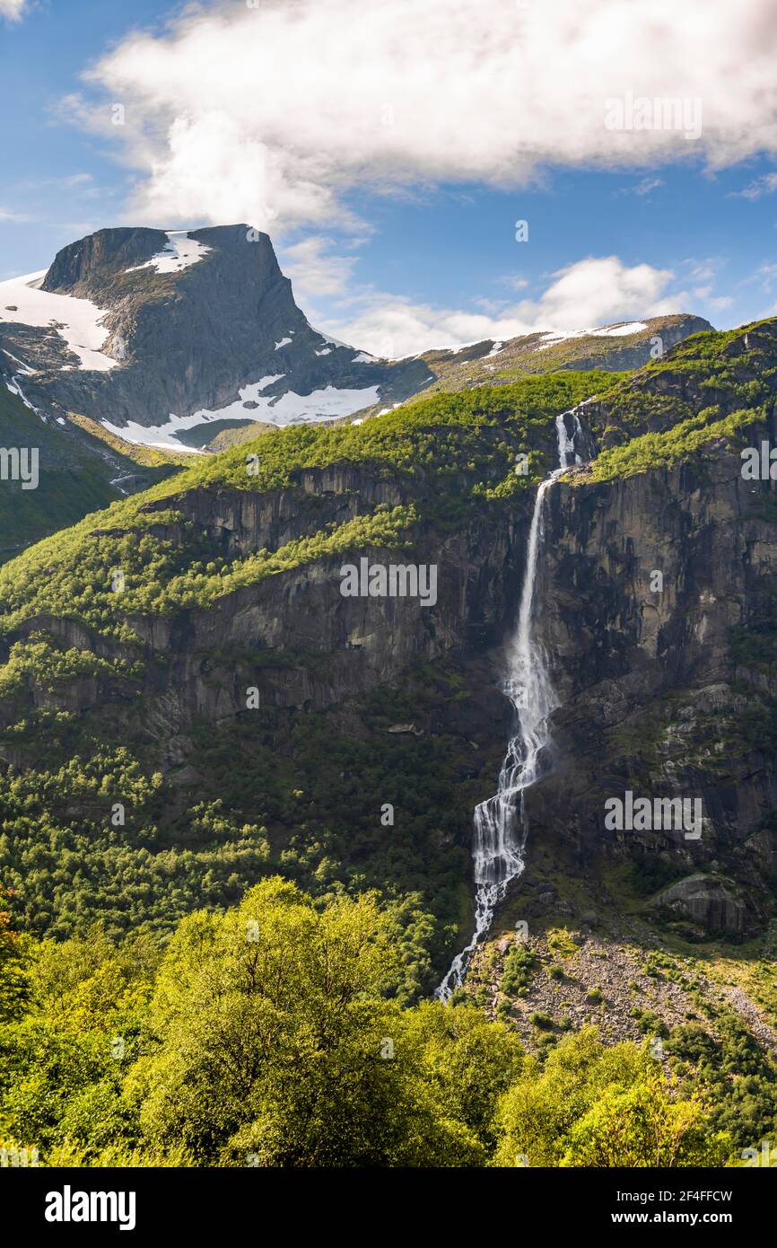Waterfall on a cliff, Briksdal, Norway Stock Photo - Alamy