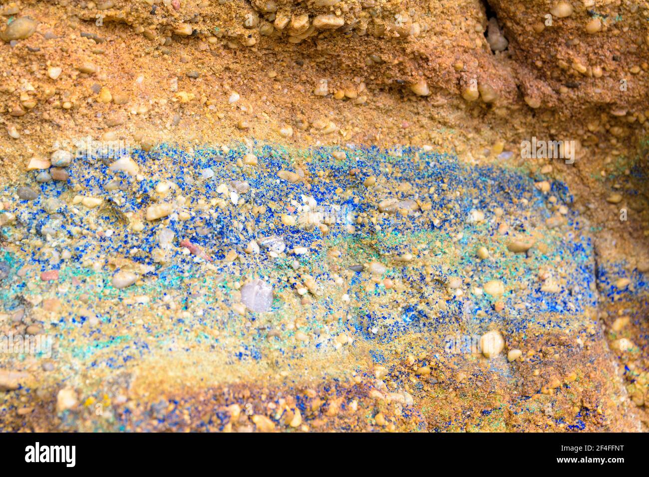 The malachite and azurite mineral vein in a sandstone terrain in a mine ...