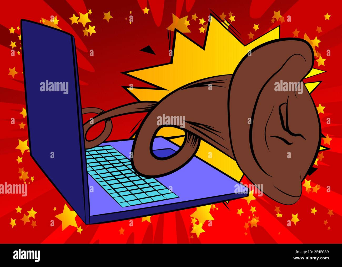 Ear coming out from a laptop and listening. Comic book cartoon concept ...