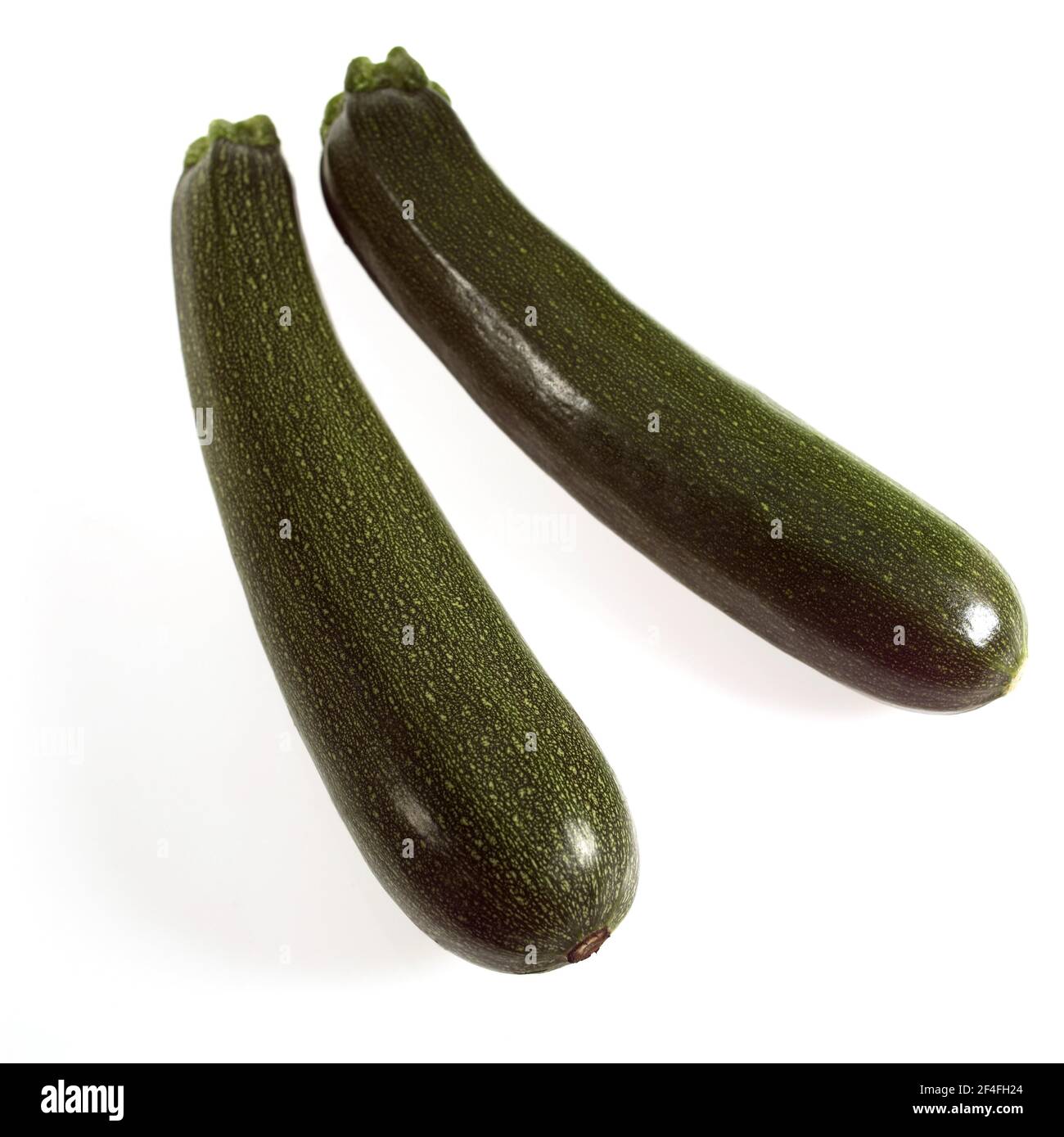 Long zucchini or courgettes (cucurbita pepo) against a white background ...