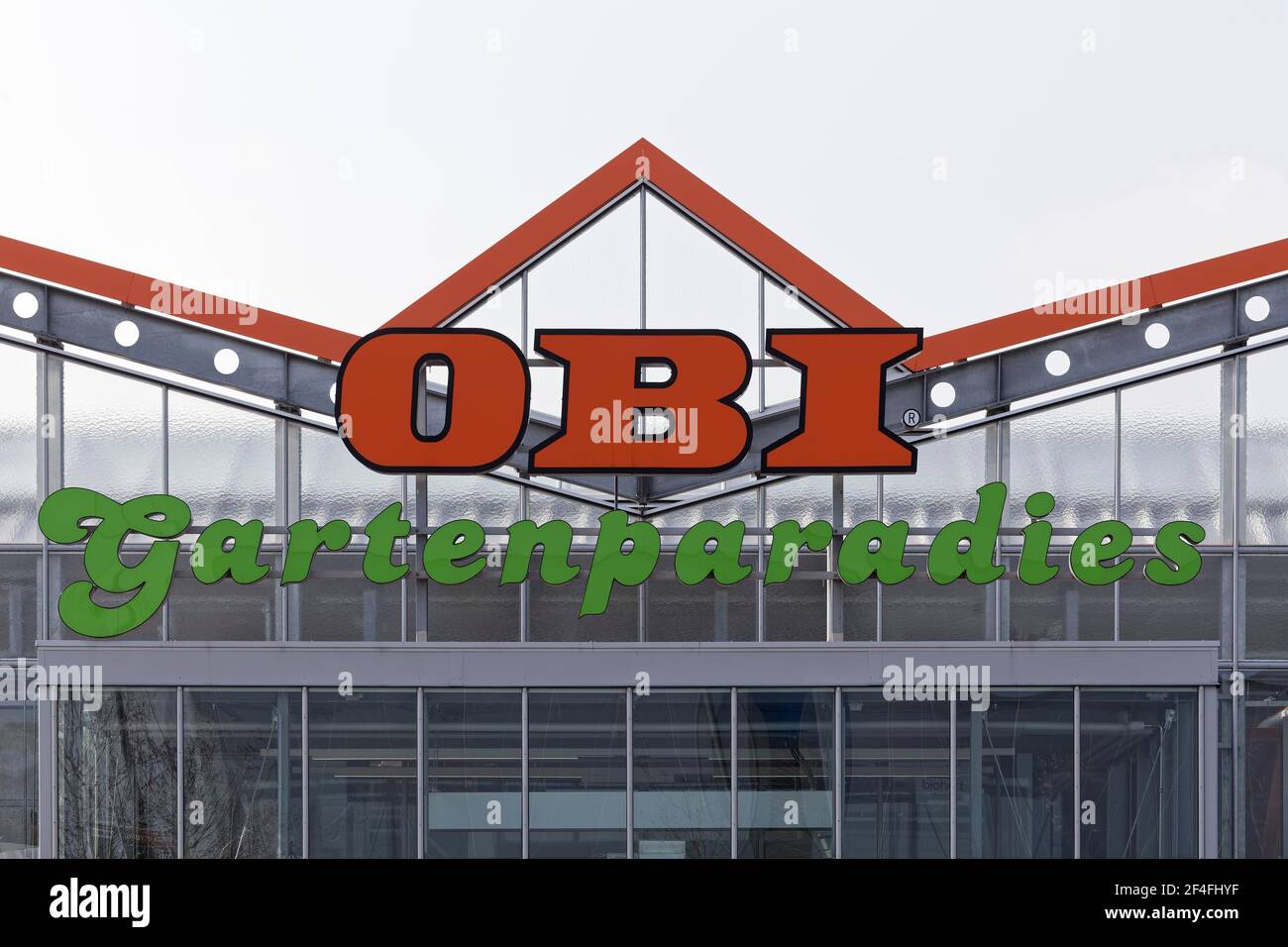 Obi Gartenparadies, garden centre, logo on building, Duesseldorf, North ...