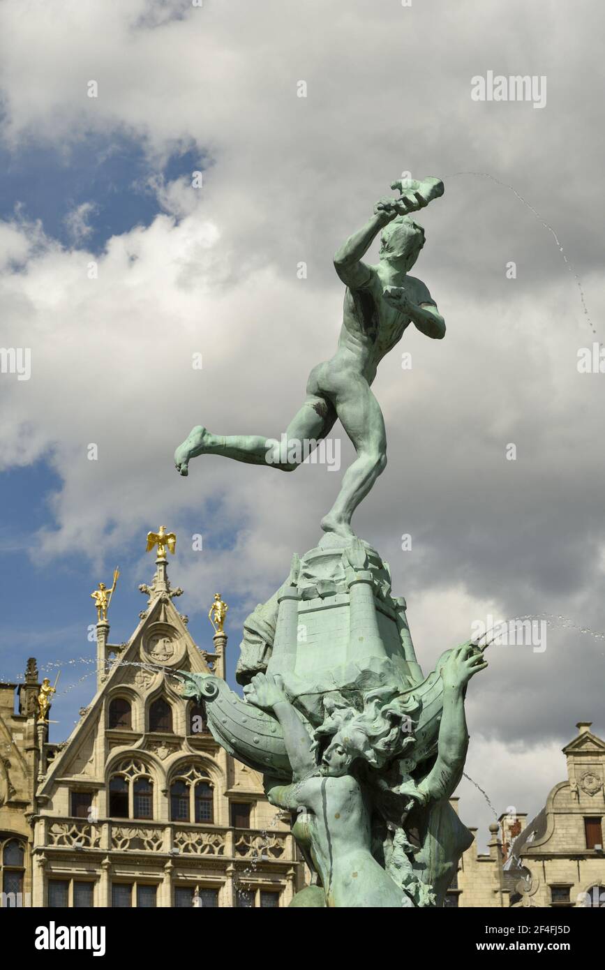 Statue of Brabo and the giant's hand in Antwerp, Belgium Stock Photo ...