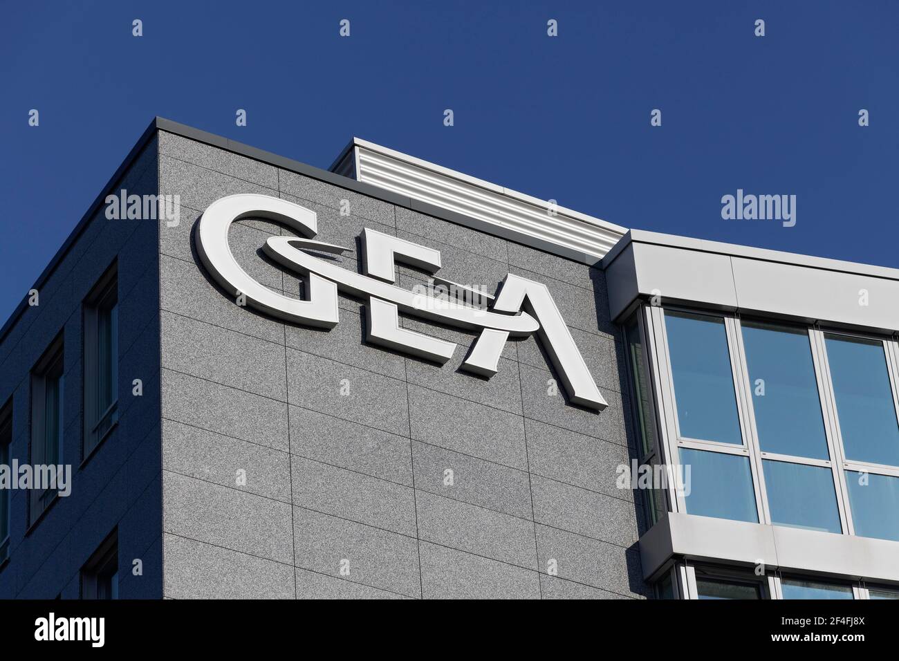 Logo GEA on the building, headquarters of the industrial group GEA ...