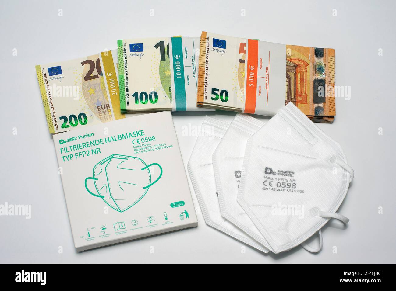 1 pack FFP 2 masks, 3 FFP 2 masks in front of 200, 100, 50 EUR banknote ...