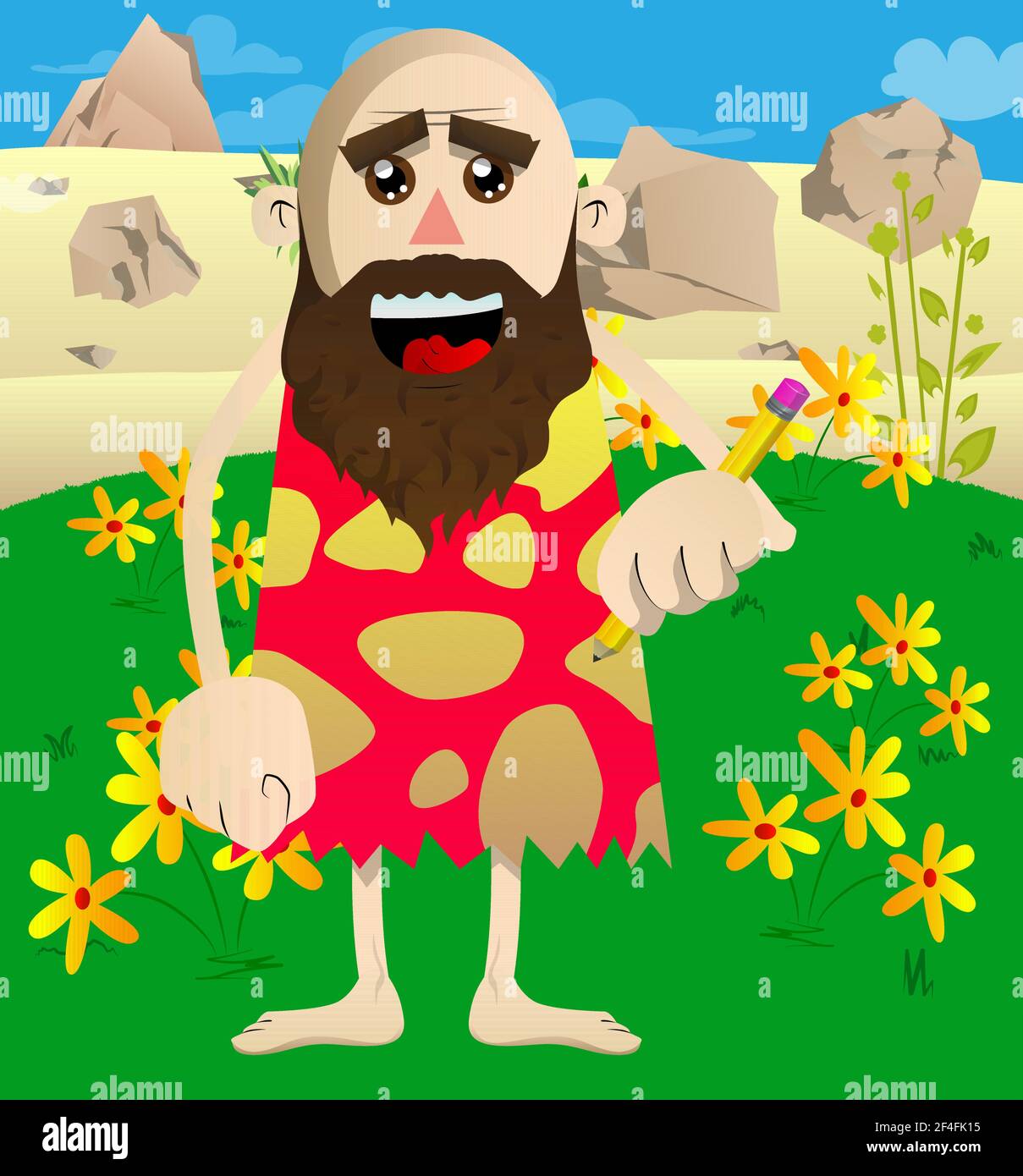 Cartoon prehistoric man writing with pencil. Vector illustration of a ...