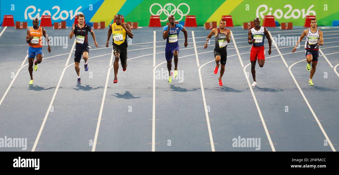Usain Bolt of Jamaica running wins gold medal 200m sprint race Rio 2016 ...
