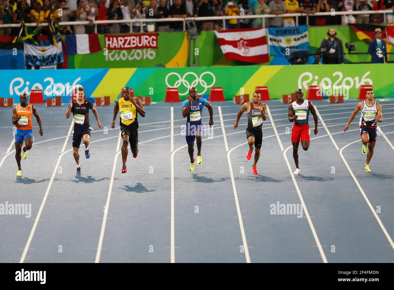 Usain Bolt of Jamaica running wins gold medal 200m sprint race Rio 2016 ...