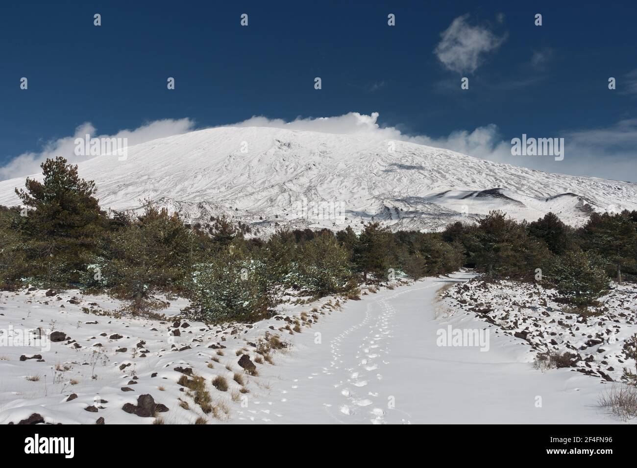 winter landscape of Sicily nature snow covered path mountain to Etna ...