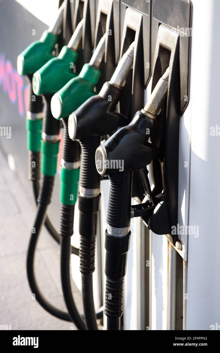Green and yellow colorful fuel, gas station. Gas station in operation ...