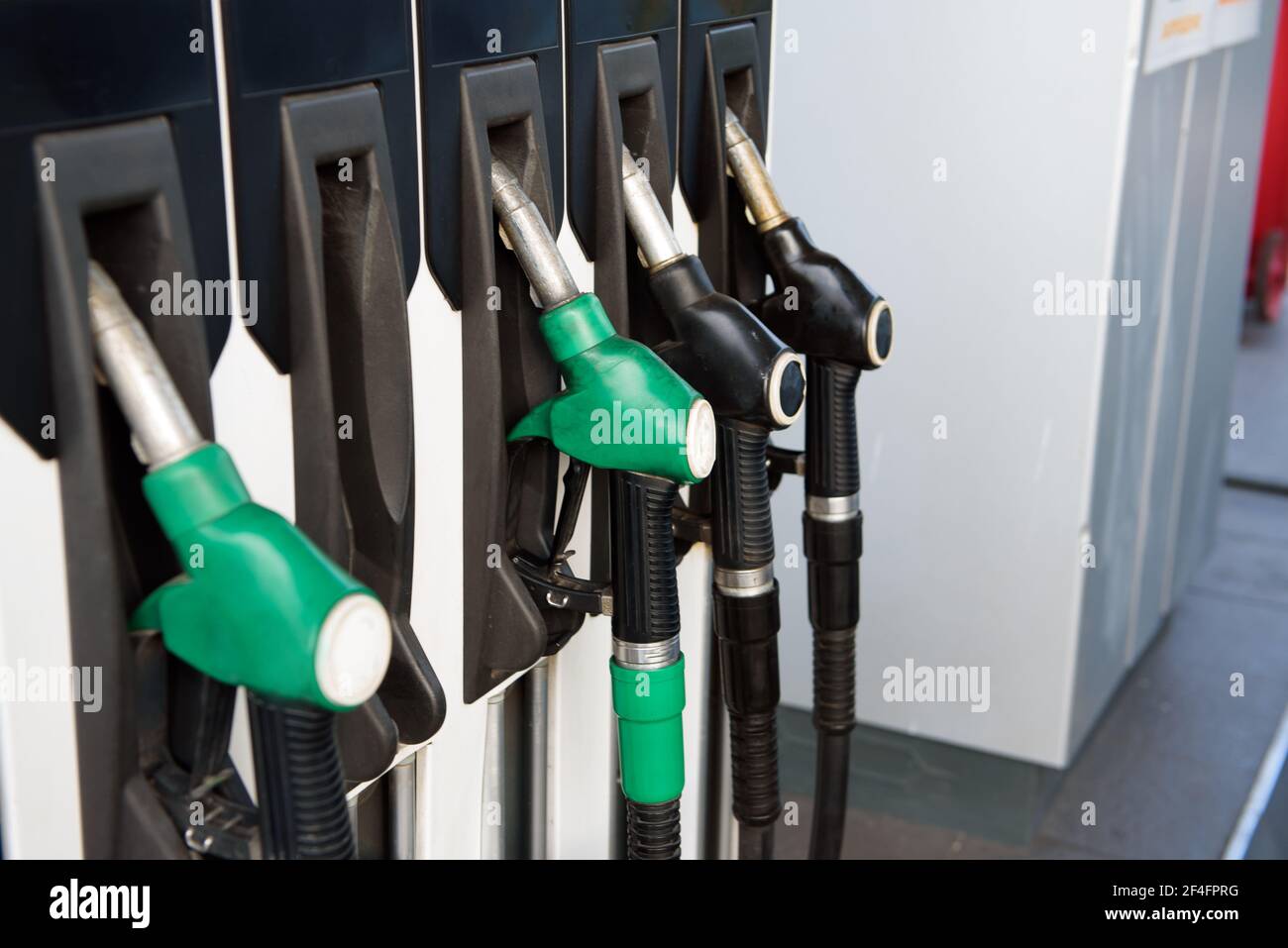 Green and yellow colorful fuel, gas station. Gas station in operation ...