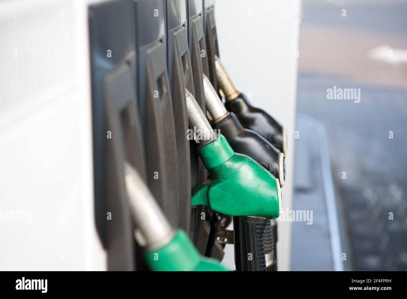 Green and yellow colorful fuel, gas station. Gas station in operation ...