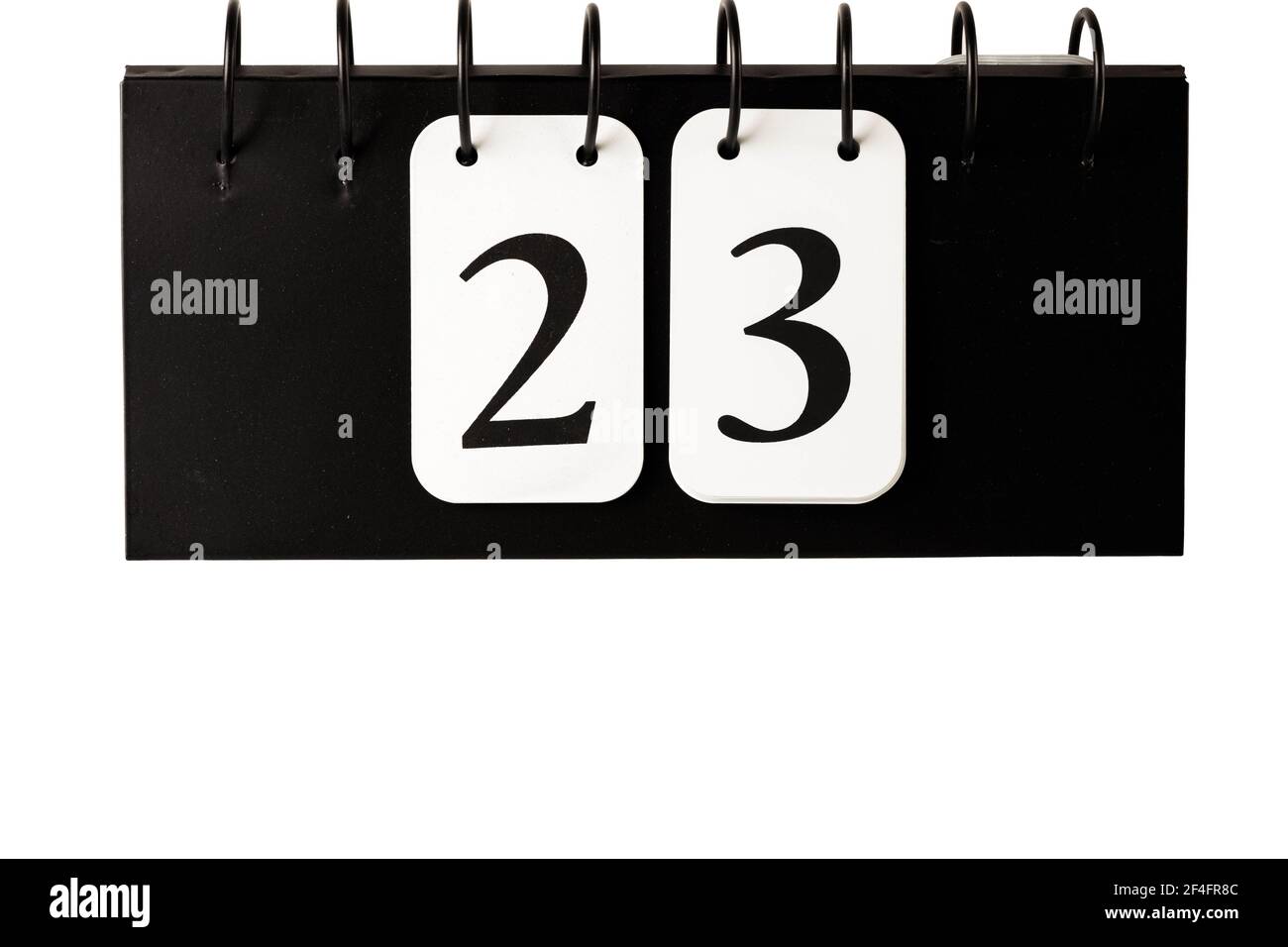 Close up view of calendar with selected date 23 isolated on white ...
