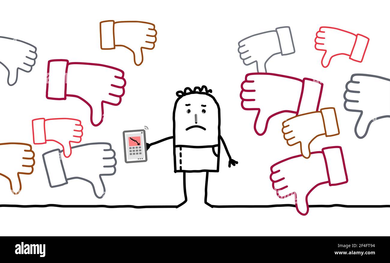 Hand drawn Cartoon Sad Boy with many Unlike-signs on his Social Media ...