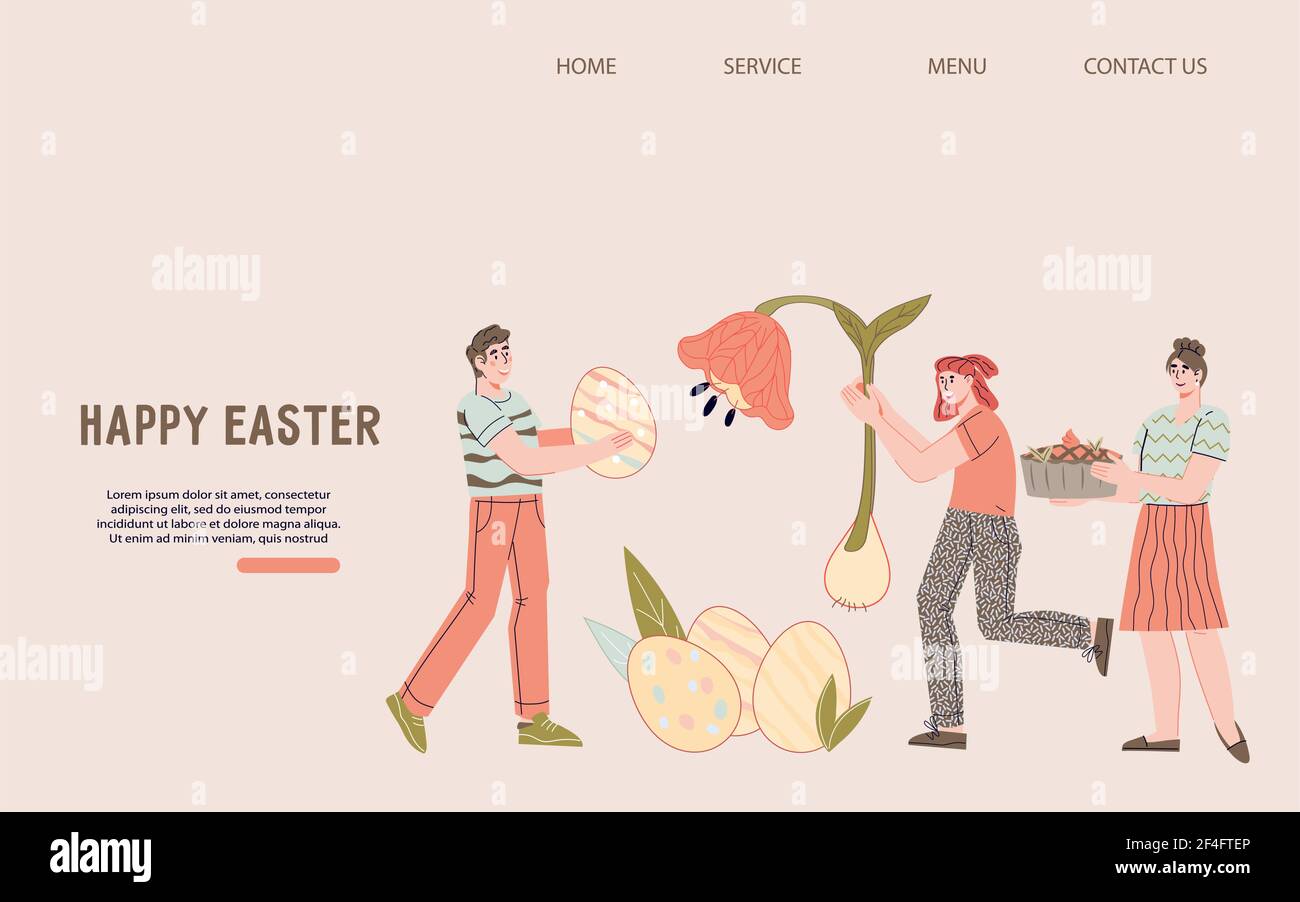 Easter website banner backdrop with people holding colored eggs and ...