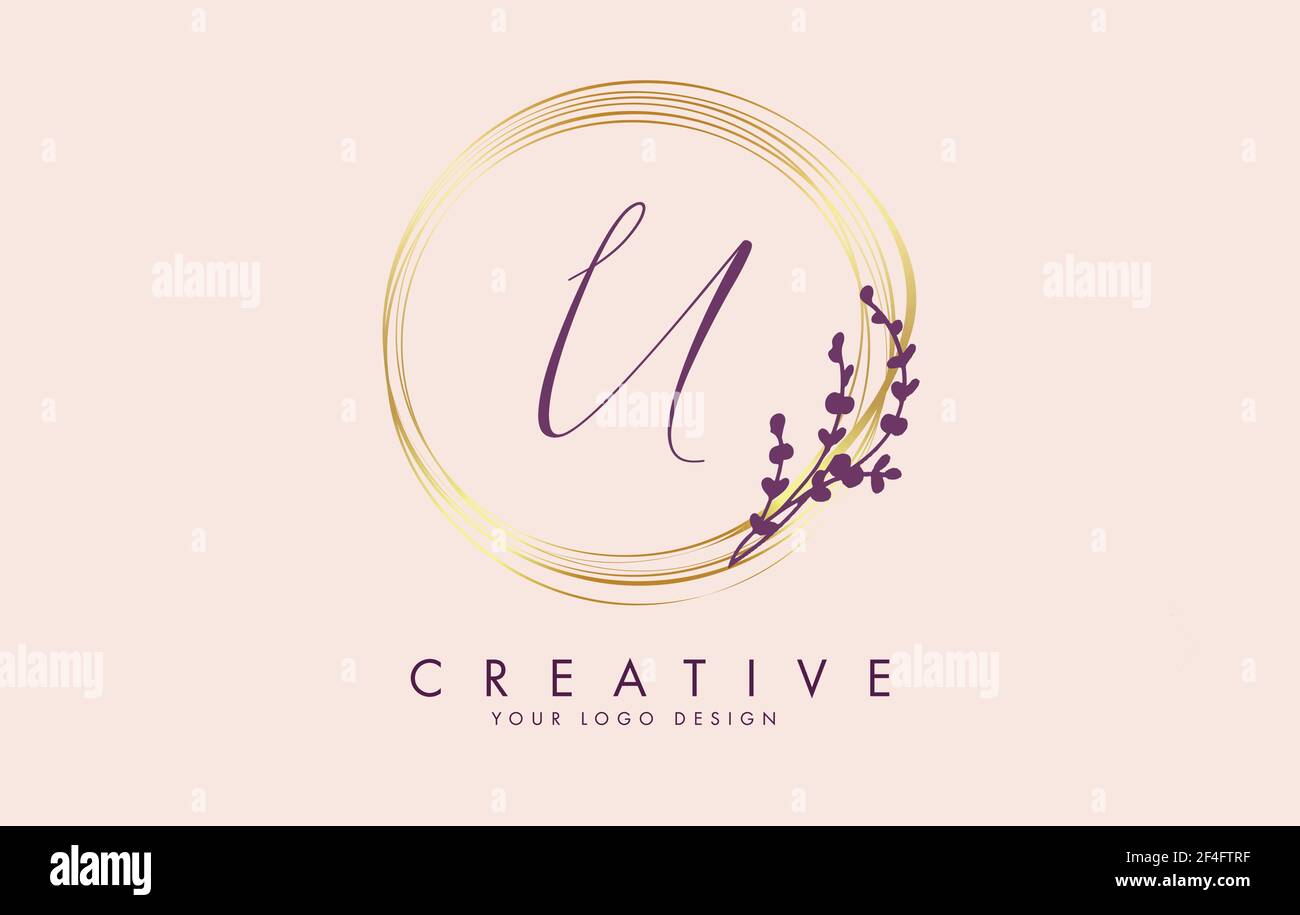 Handwritten U Letter logo design with golden circles and white leaves ...