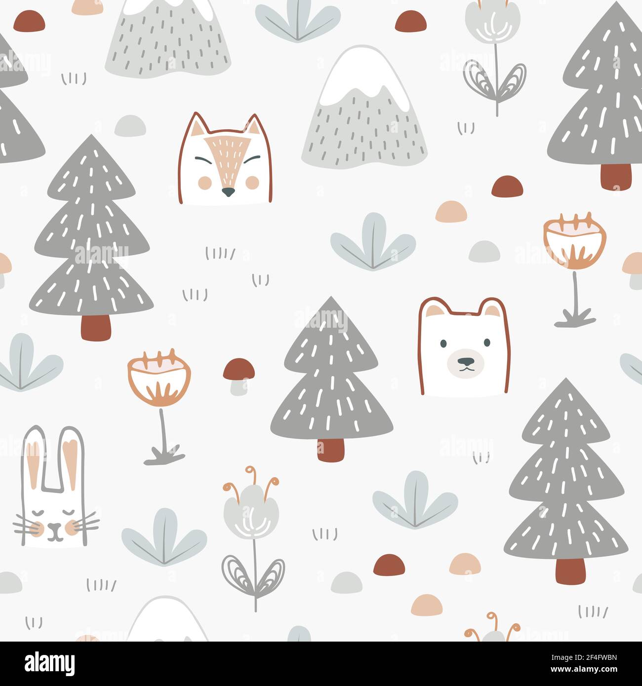 Seamless pattern with cute forest animals, flowers, and trees. Childish ...