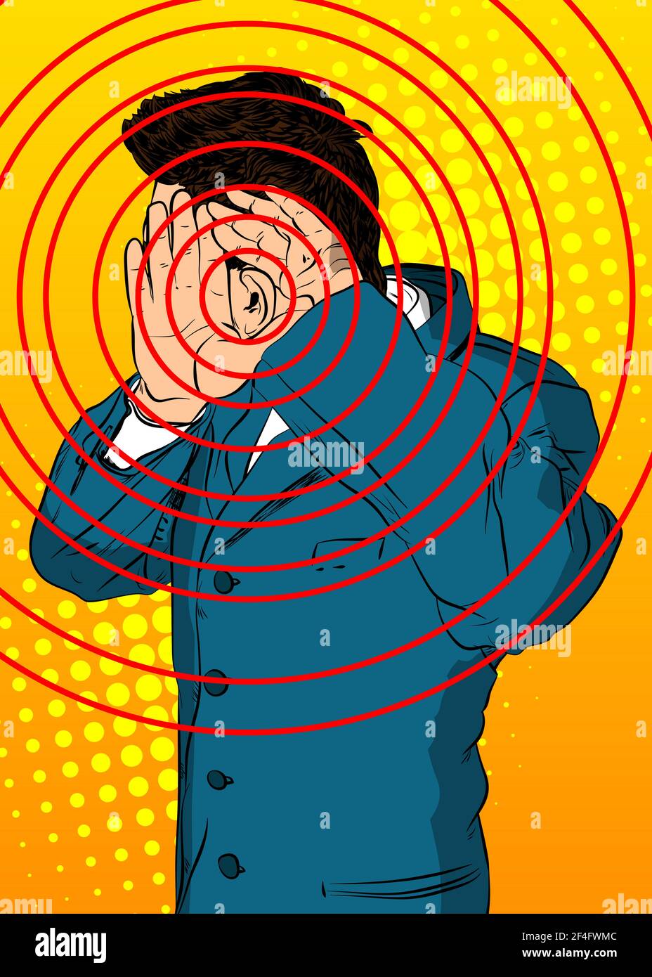 Caucasian businessman holding his hands to his ears and listening ...