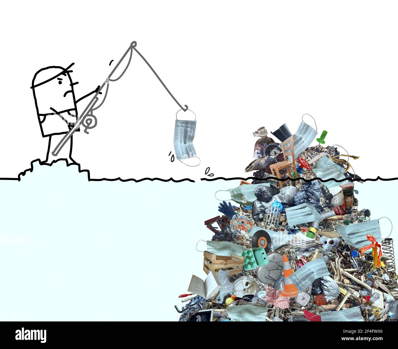Cartoon Trash Pile Cartoon Man Fishing Over A Big Pile Of Garbage,