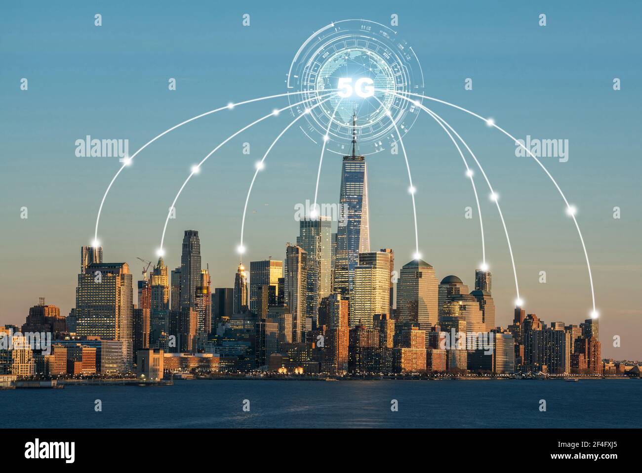 5G Connection Technology over Top view building of New York City ...
