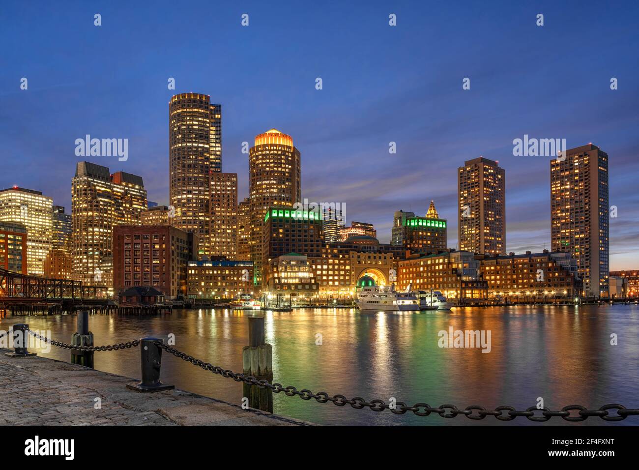 Boston skyline from Fan Pier at the fantastic twilight time with smooth ...