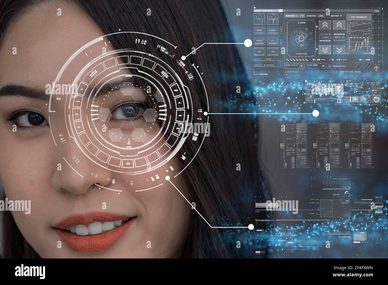 Asian women being futuristic vision, digital technology screen over the ...