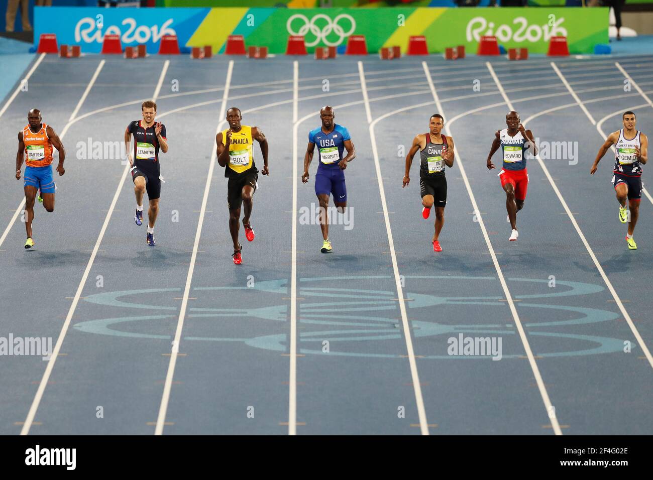 Usain Bolt of Jamaica running wins gold medal 200m sprint race Rio 2016 ...
