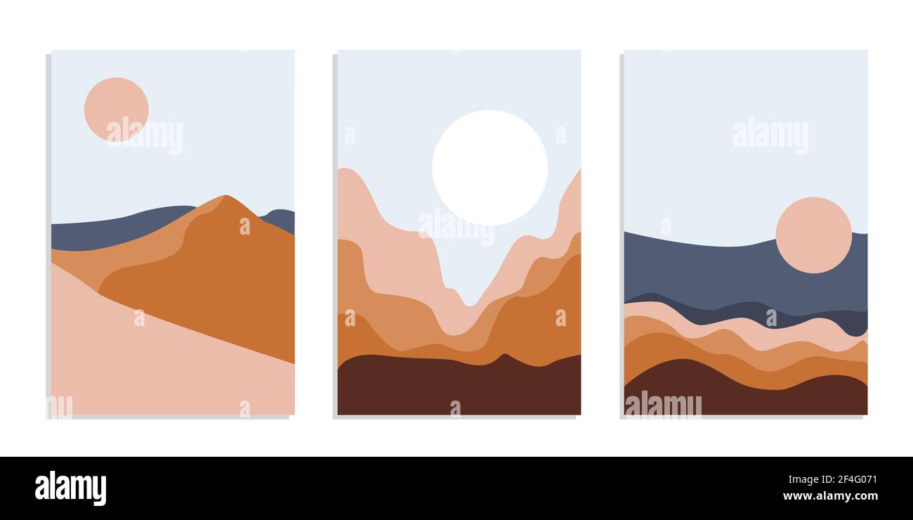 Desert abstract boho landscape with sun and moon. Abstract vector ...